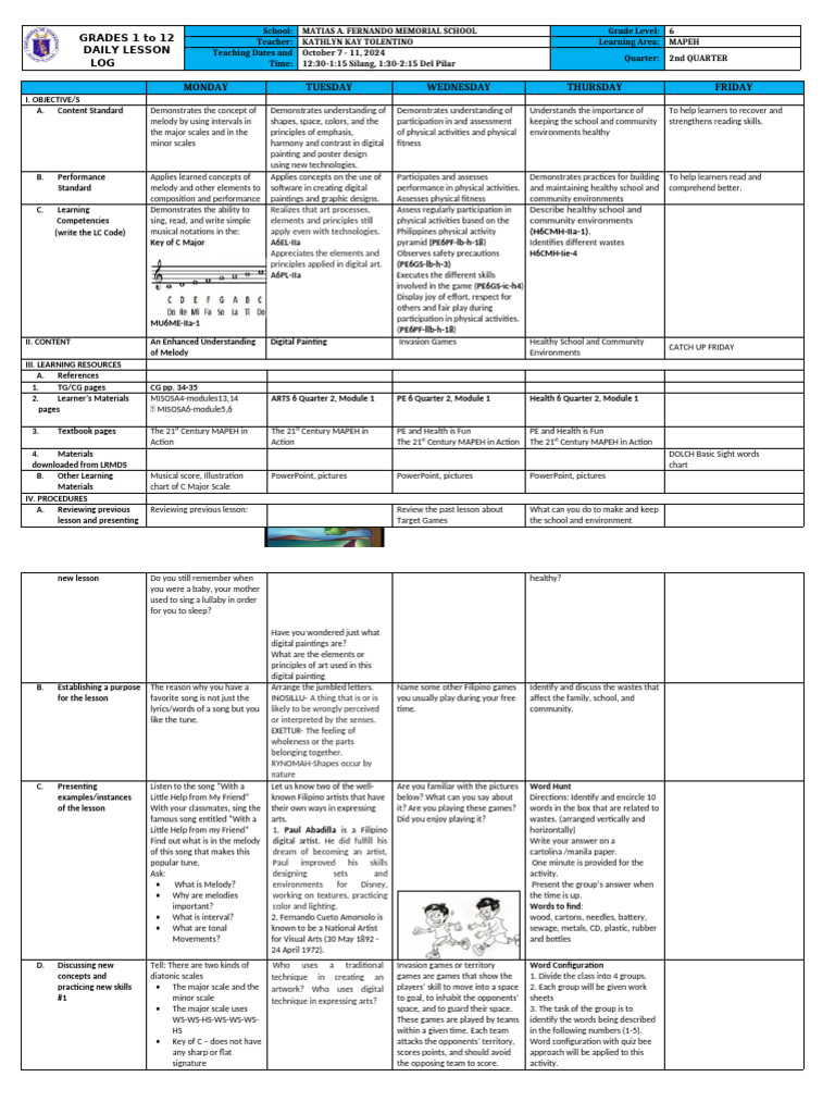 DLL - Mapeh 6 - Q2 - W2 | PDF