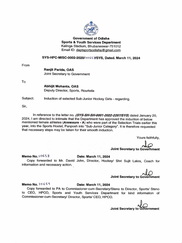 Letter - 10657 - Induction Sub Junior Girls - SH Panposh | PDF | Sports ...