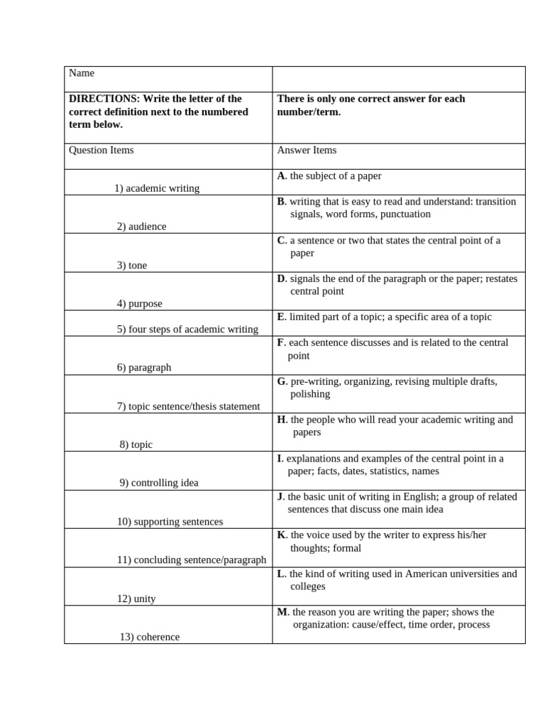 1684 Matching Quiz Academic Writing 1 | PDF