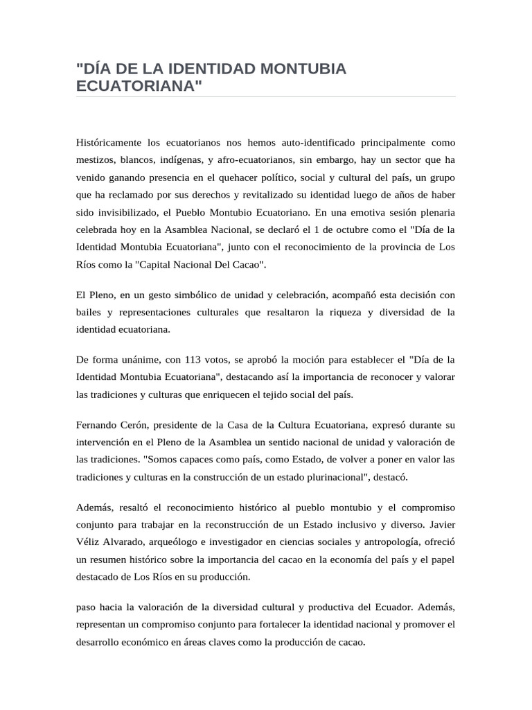 Día de la Identidad Montubia Ecuatoriana | PDF
