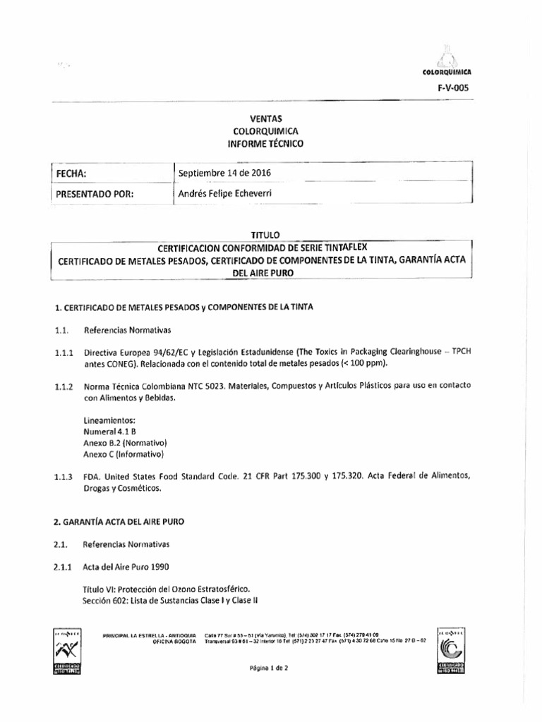 Carta Certificación CONEG Colorquimica 2016 | PDF