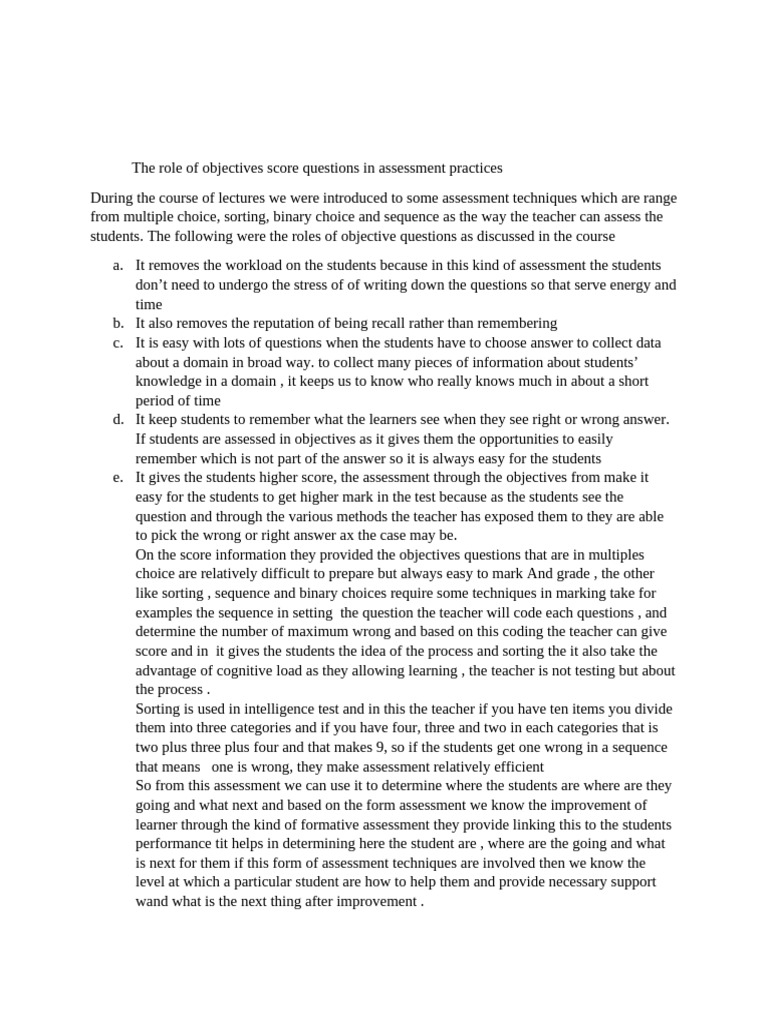 The Role of Objectives Score Questions in Assessment Practices | PDF
