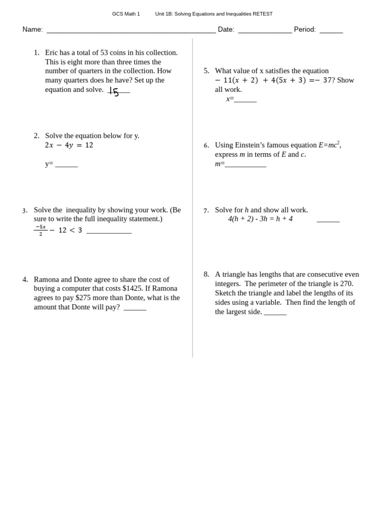 Carlie Wright - Math 1 Unit 1A Retest - Solving Equations and ...