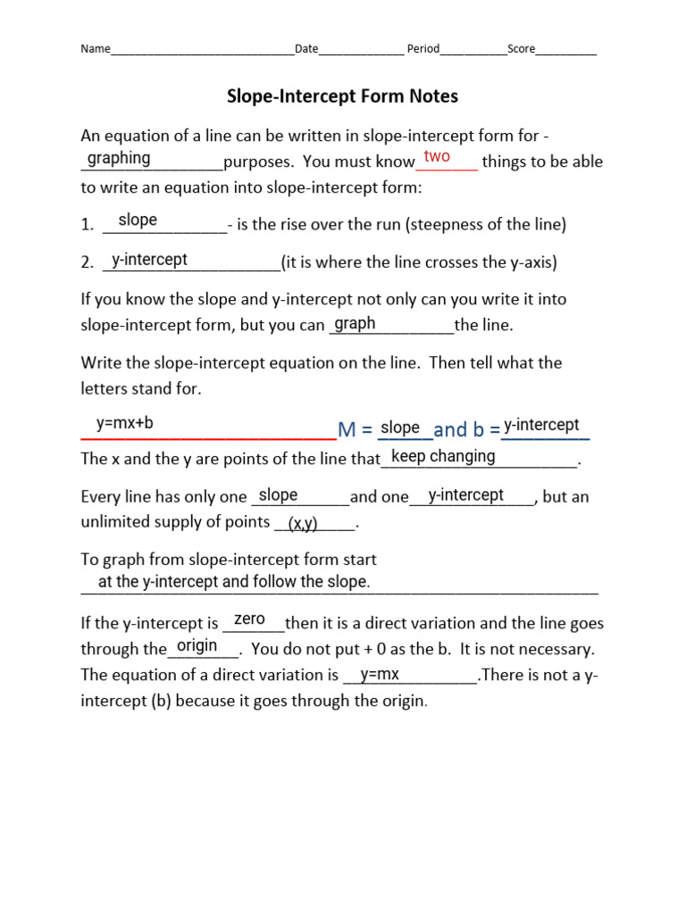 Slope-Intercept Notes To Be Filled in | PDF
