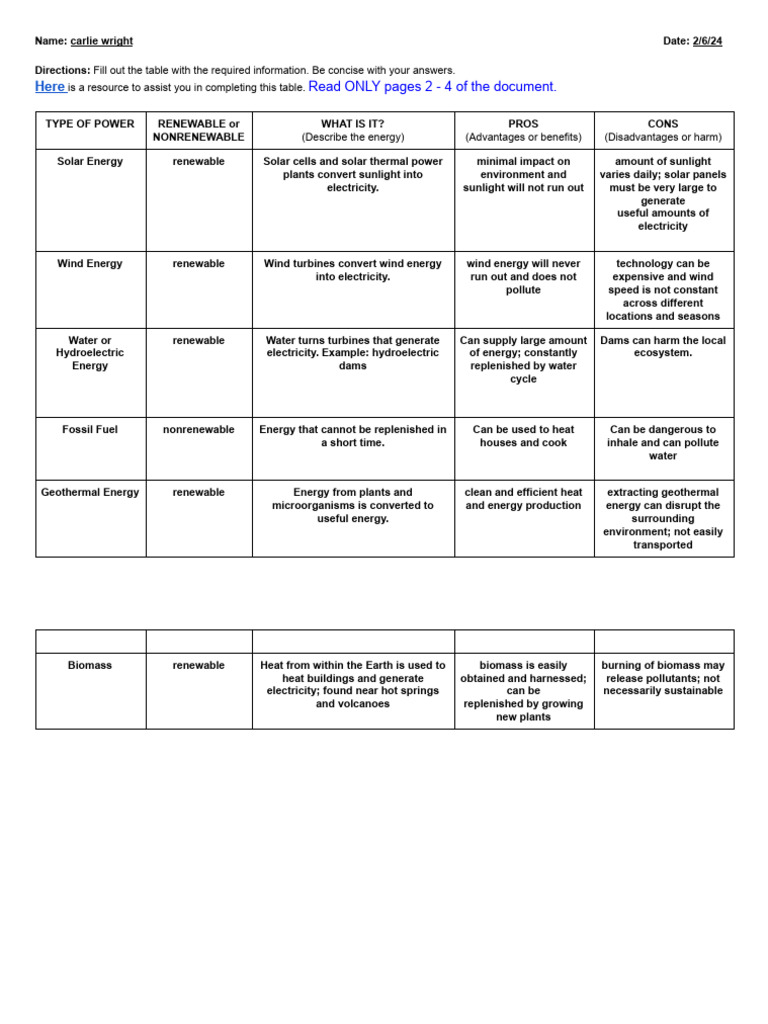 Renewable and Nonrenewable Energy Resources Worksheet | PDF