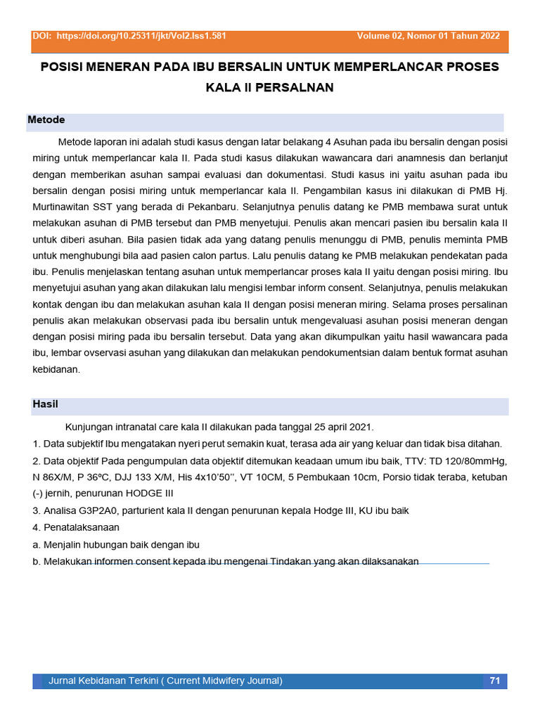 Jurnal Persalinan Metode Dan Hasil Di Kala Ii | PDF