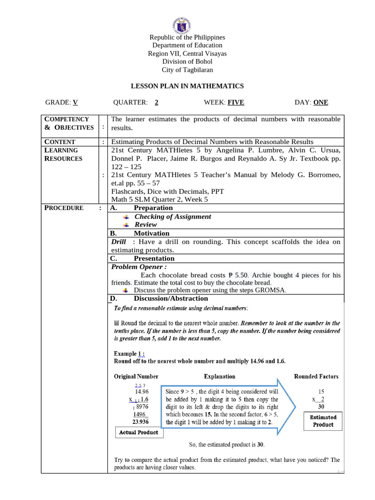 Prototype Math-5 Lesson-Plan Q2 Week5 Day1-5 | PDF | Mathematics | Wellness