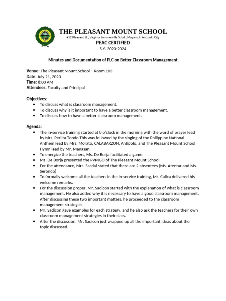 Minutes and Documentation 5th Day of INSET | PDF