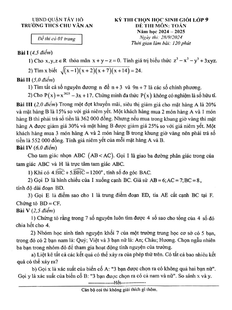 De Chon Hoc Sinh Gioi Toan 9 Nam 2024 2025 Truong Thcs Chu Van An Ha Noi | PDF
