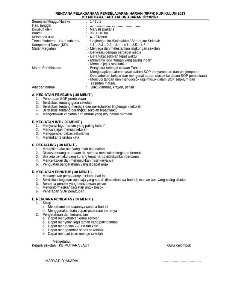 RPPH TK-A SMT1 Minggu - 06 - Sekolahku | PDF