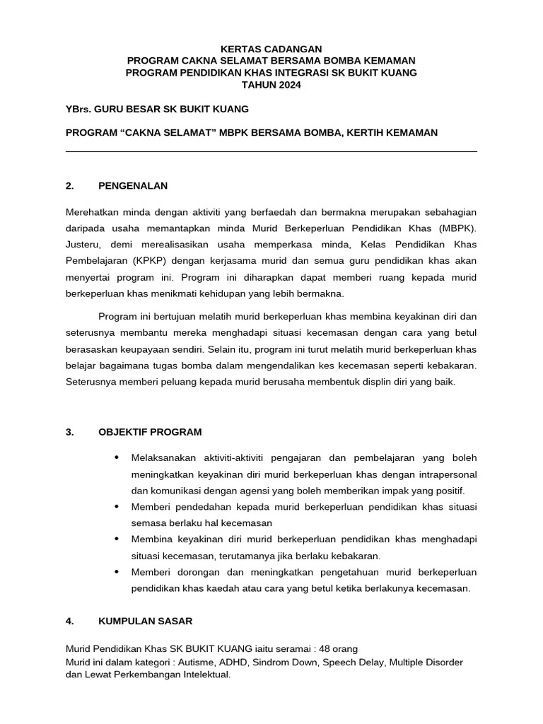 Kertas Kerja Cadangan Bomba 2024 | PDF