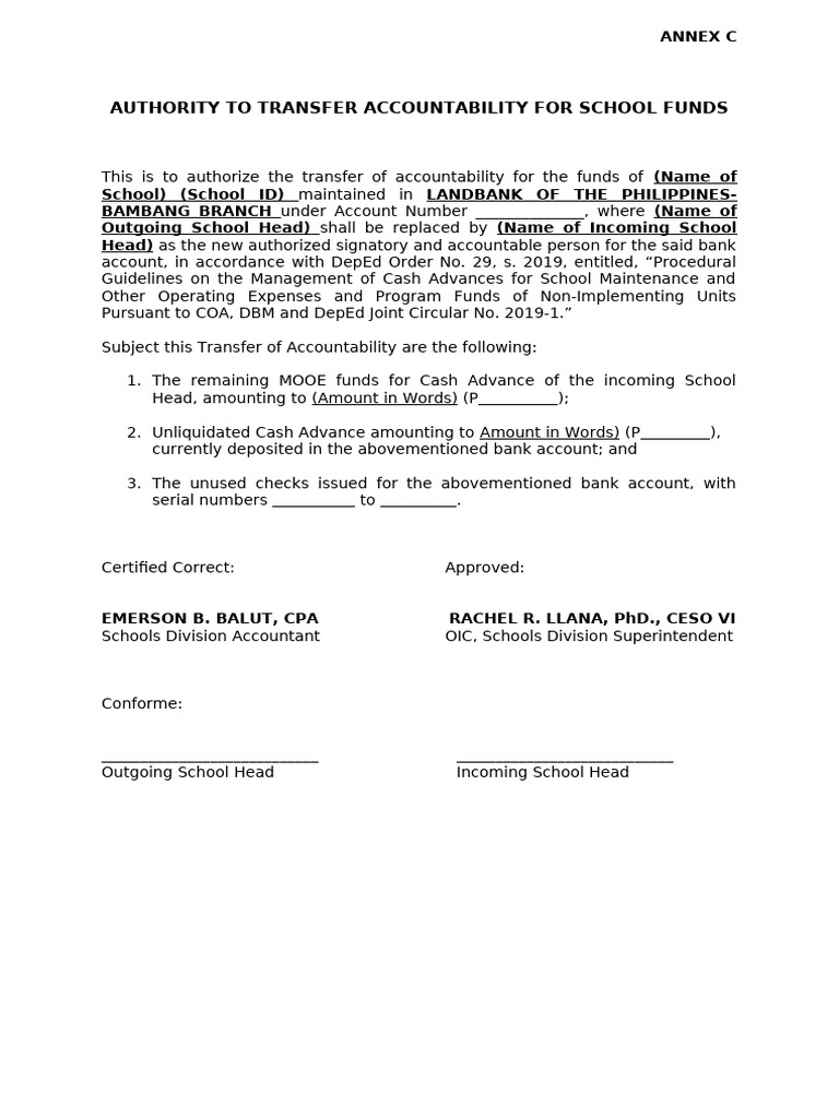 Annex C Authority To Transfer Accountability For School Funds | PDF ...