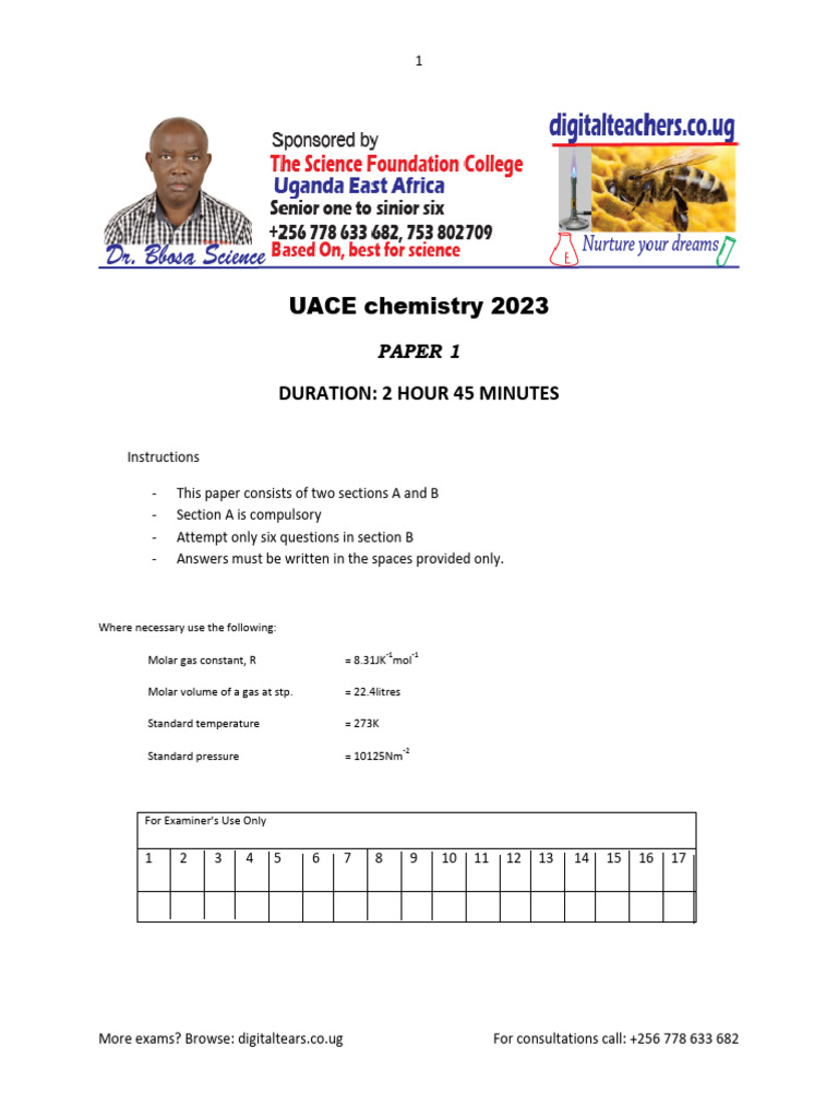 UACE Chemistry Paper 1 2023 With Answers | PDF