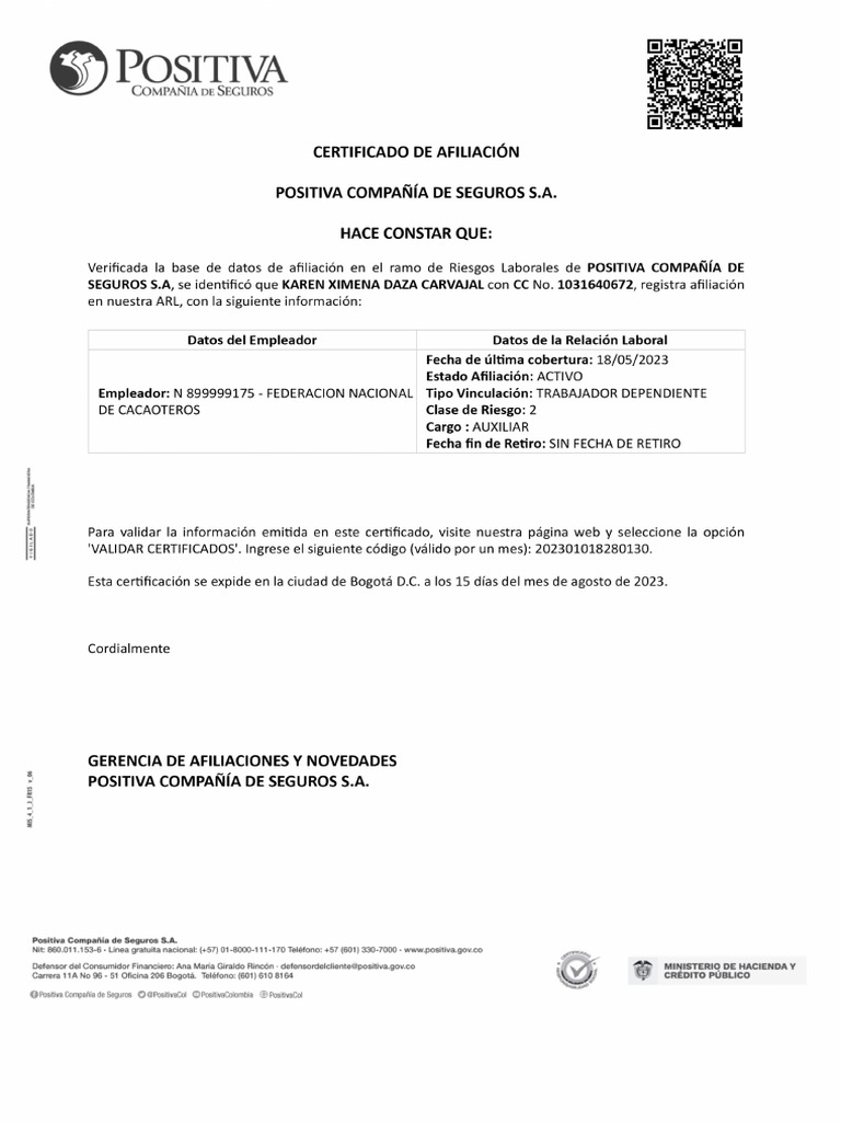 Certificado ARL | PDF