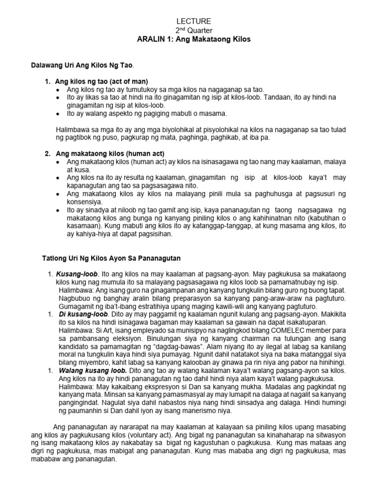 LECTURE 2nd Quarter - ARALIN 1 - Ang Makataong Kilos | PDF