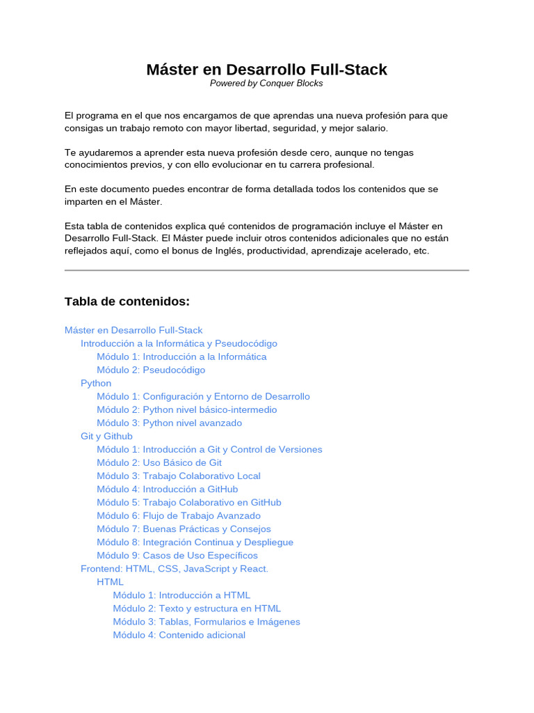 Temario Del Máster en Desarrollo Full-Stack | PDF
