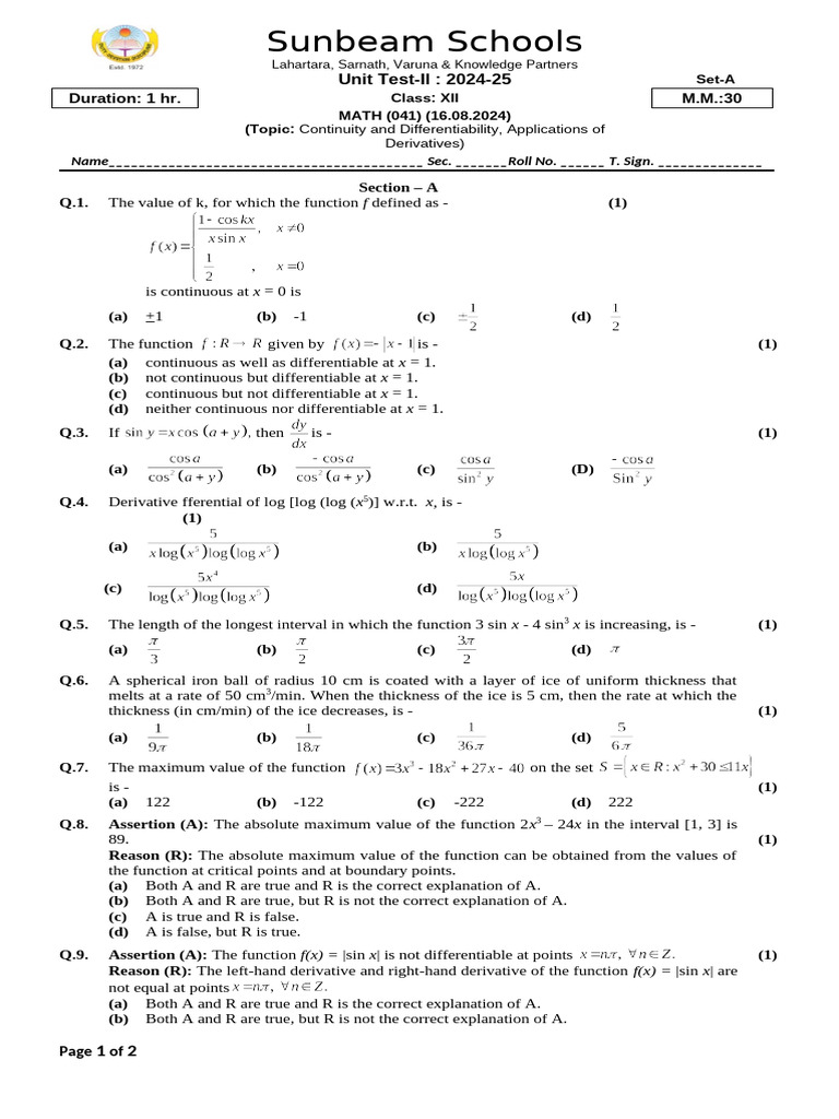 XII-UT - Math (16.08.2024) Set-A | PDF