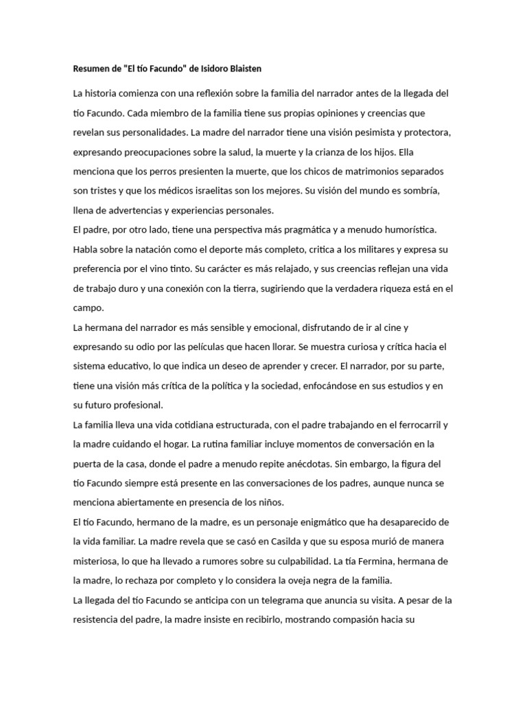 Resumen de "El Tío Facundo" de Isidoro Blaisten | PDF
