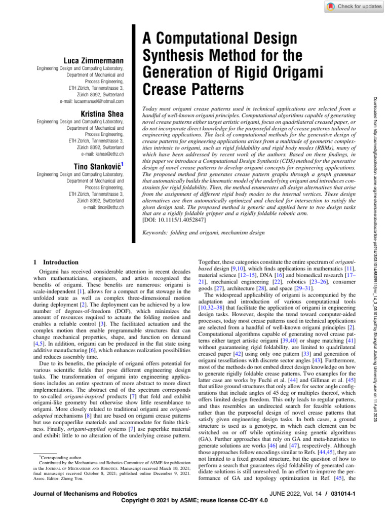 A Computational Design Synthesis Method For The Generation of Rigid Origami Crease Patterns | PDF