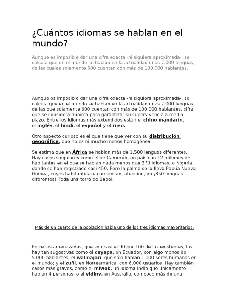 Cuántos Idiomas Se Hablan En El Mundo Pdf