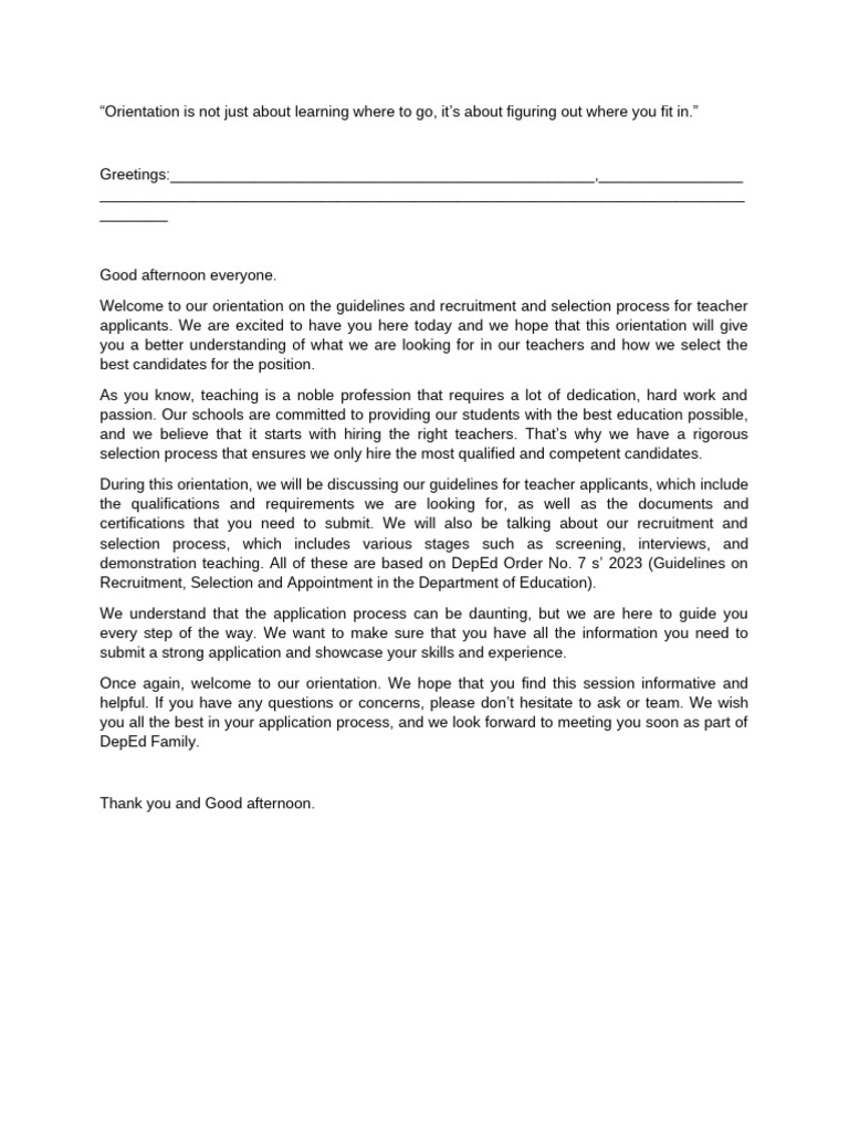 Welcome Remarks (Orientation of Teacher Applicants) | PDF
