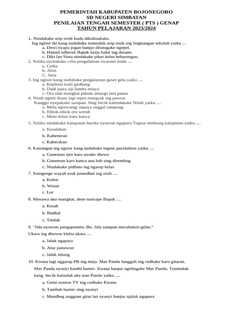 Soal Bahasa Jawa Kelas 2 | PDF