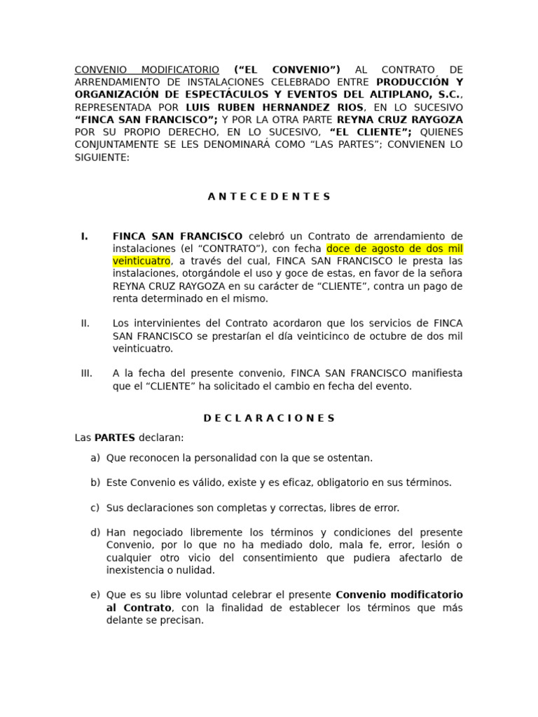 Convenio Modificatorio Finca San Francisco | PDF