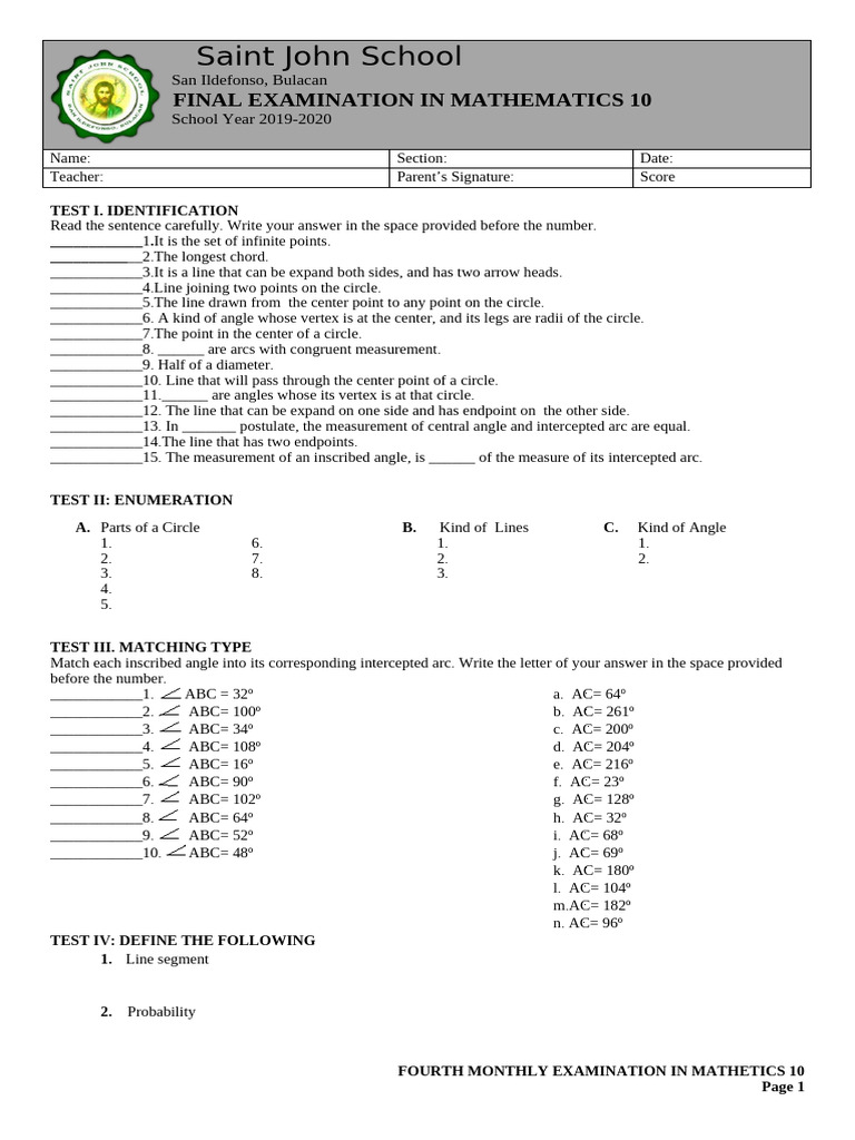 Final Exam in Mat 10 | PDF