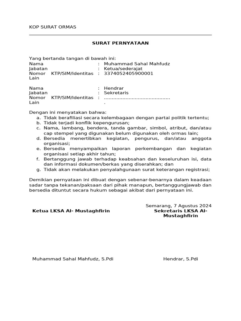 Format-Surat-Pernyataan-Ormas Lksa | PDF