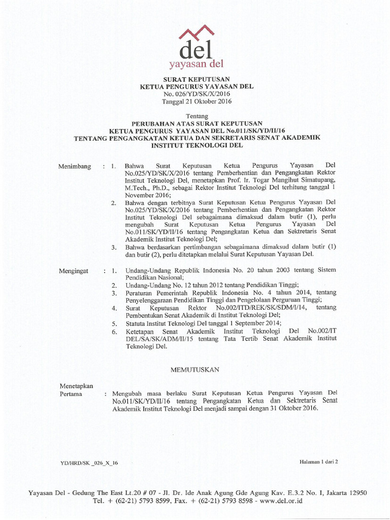 2016 026 SK Yadel Perubahan SK No 011 2016 Tentang Pengangkatan Ketua ...