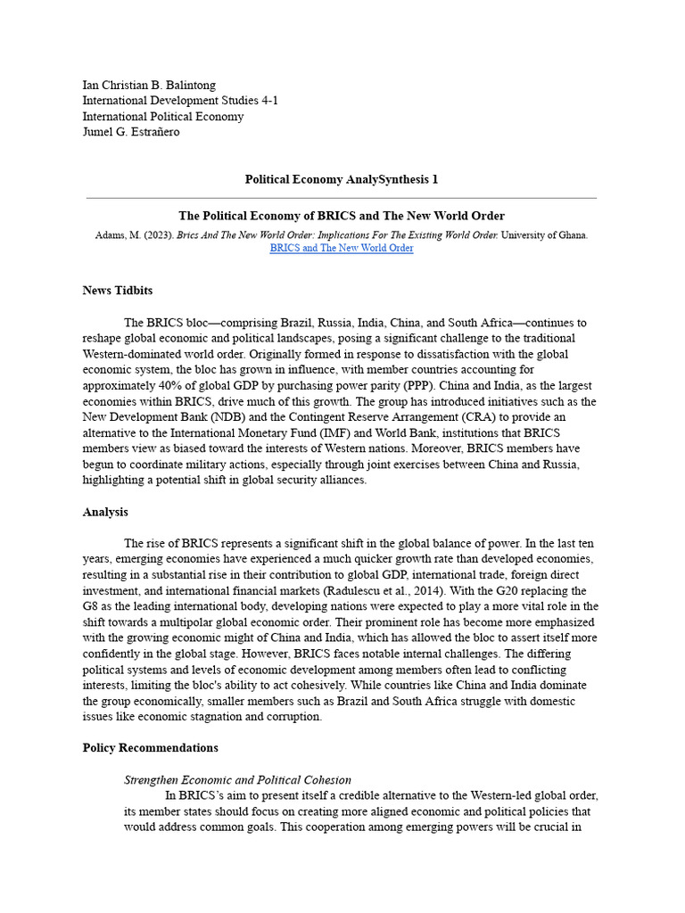 The Political Economy of BRICS and The New World Order | PDF | Bric ...