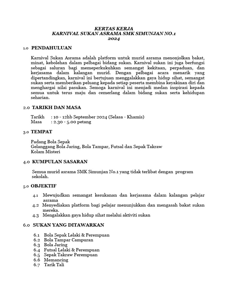 Kertas Kerja Karnival Sukan Asrama SMK Simunjan No | PDF