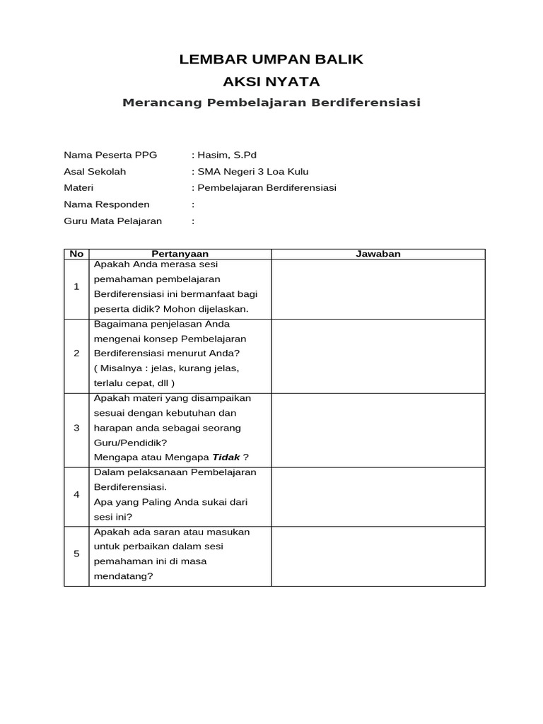 Umpan Balik Pembelajaran Aksi Nyata Guru | PDF