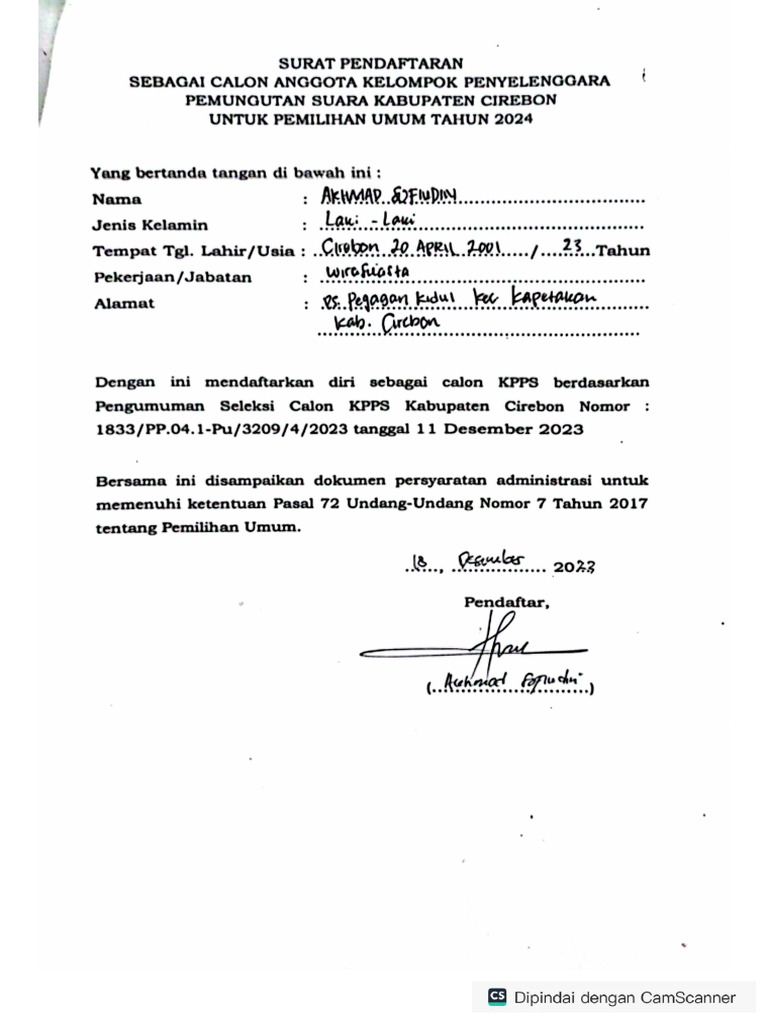 Surat Pendaftaran Opy | PDF