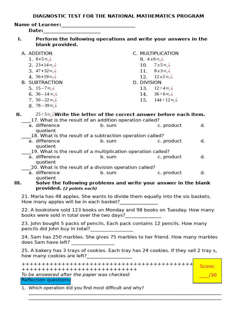 Diagnostic Test for Math Program | PDF | Mathematics