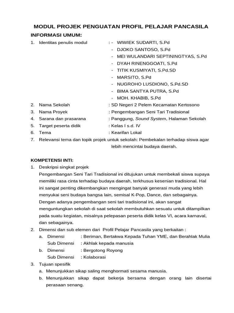 Contoh Modul Proyek Penguatan Profil Pelajar Pancasila SDN 2 Pelem | PDF