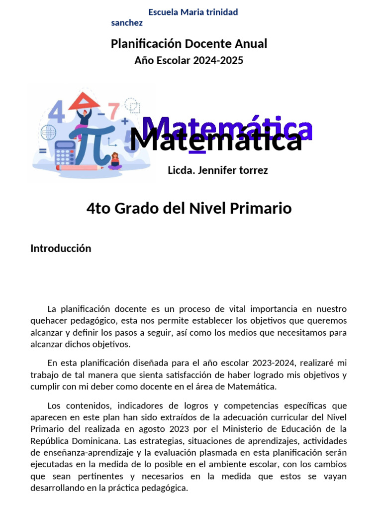 Plan de 4to Grado de Matematica Con Su Planificacion Diaria | PDF