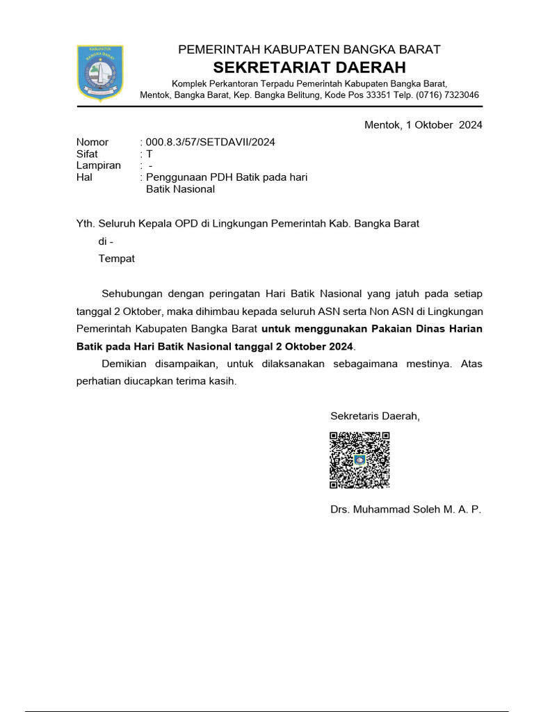 Surat Sekda - PDH BATIK 2 OKTOBER | PDF