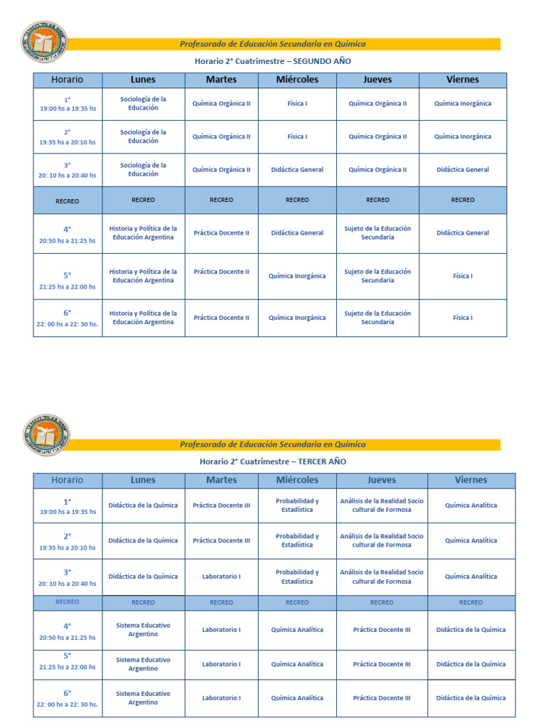 Horario Quimica 2024 - 2C | PDF
