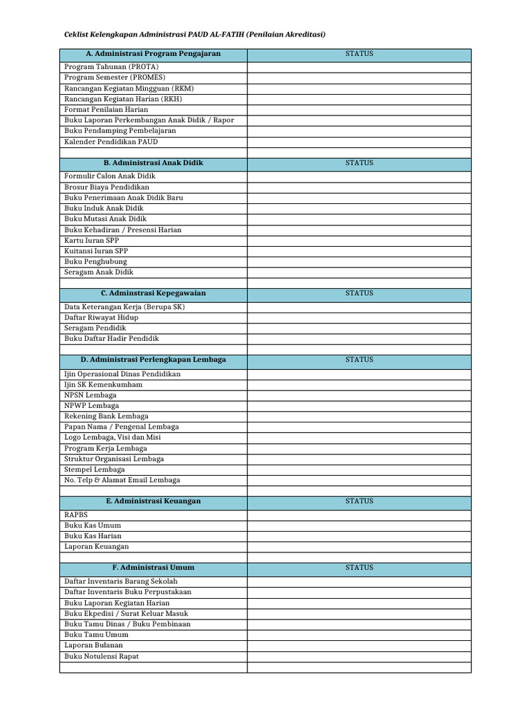 Check List Dokumen Paud | PDF