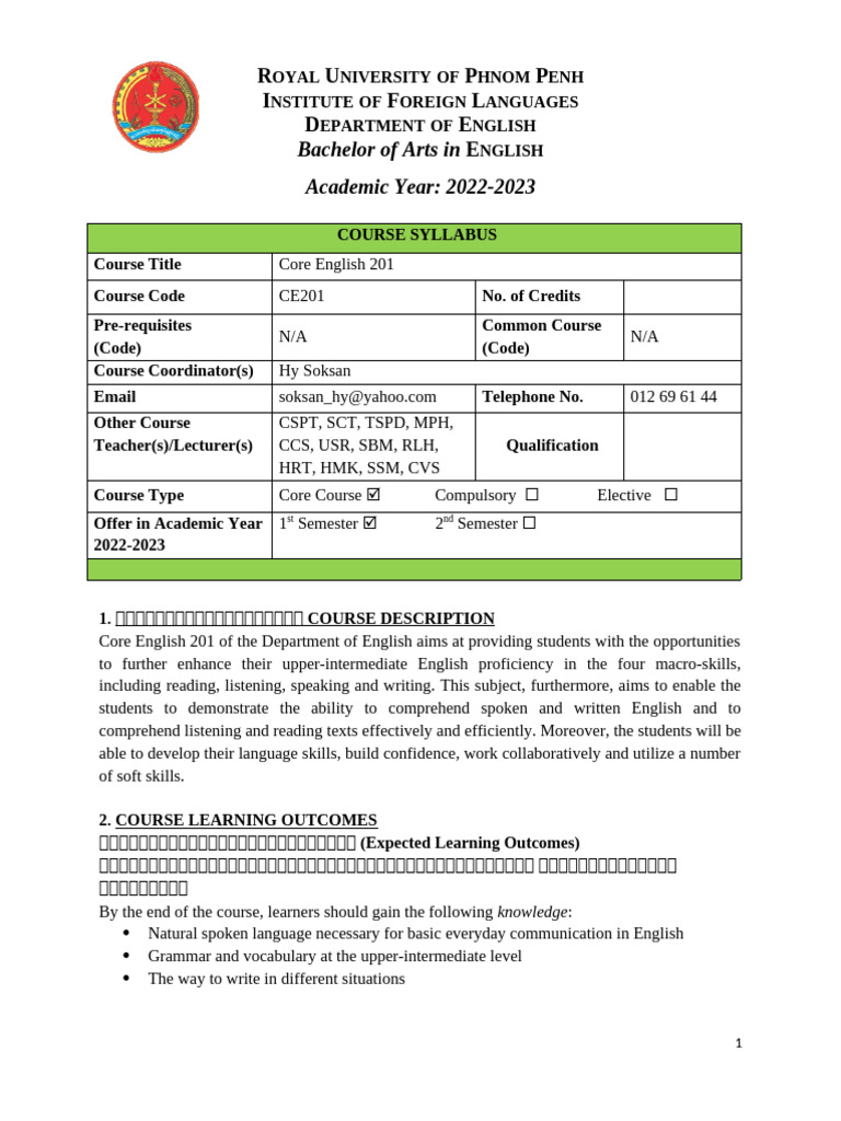 CE201 Course Syllabus (2022-2023) | PDF