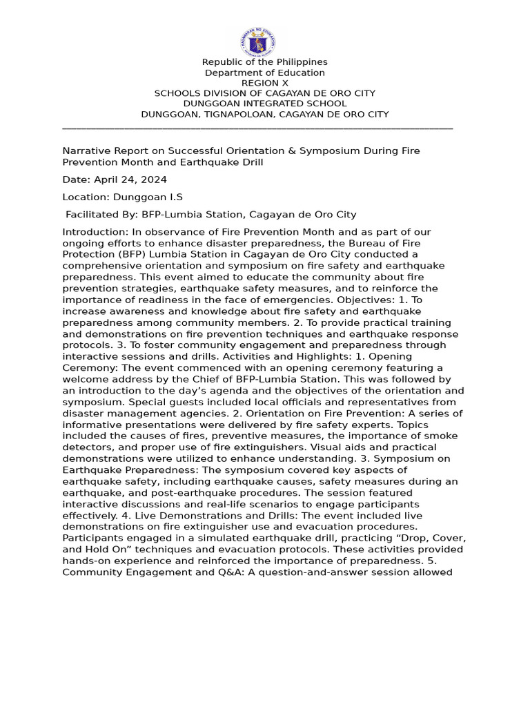 Narrative Report On DRRM | PDF | Emergency Management | Fire Safety