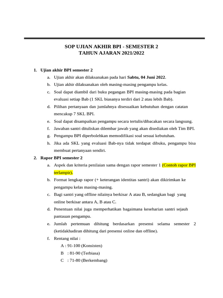 Sop Ujian Akhir Bpi-Sem 2-TH 21-22 | PDF