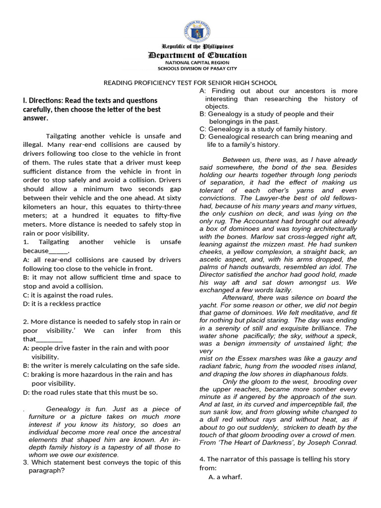 READING PROFICIENCY TEST For SHS | PDF | Tyrannosaurus | Social Science