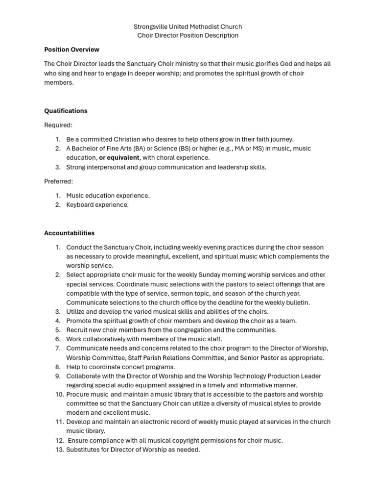 SUMC Choir Director Position Description 2024 | PDF | Worship | Choir