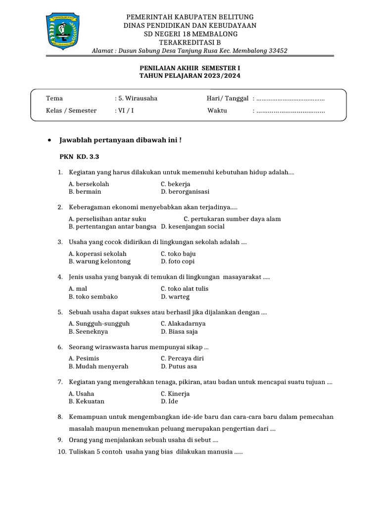 SOAL PAS TEMA 5 | PDF
