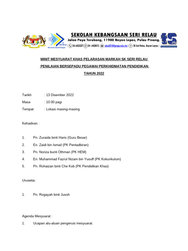 MINIT MESYUARAT PELARASAN MARKAH PBPPP 2022 | PDF MINIT MESYUARAT PELARASAN MARKAH PBPPP 2022 | PDF