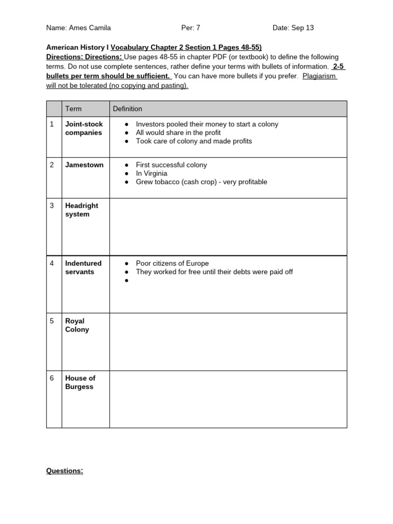 Chp2 Sect 1 US1 Vocabulary Handout | PDF