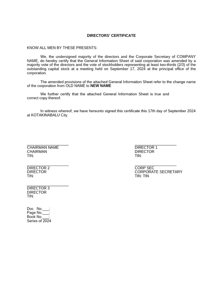 Letter - Directors Certificate Change Name-1 | PDF | Government ...