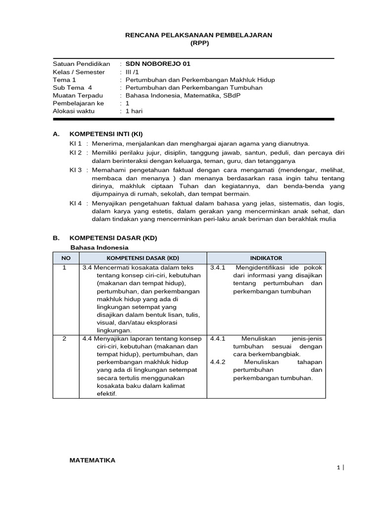 RPP Kelas 3 Tema 1 ST 4 Revisi 2019 | PDF